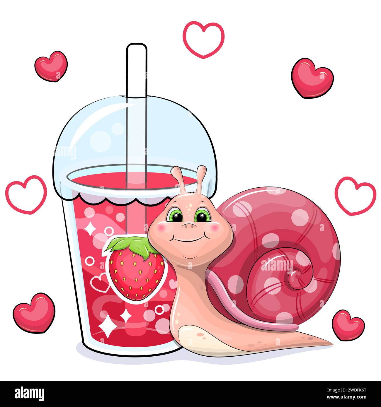 Cute cartoon snail with a big strawberry drink. Vector illustration of ...