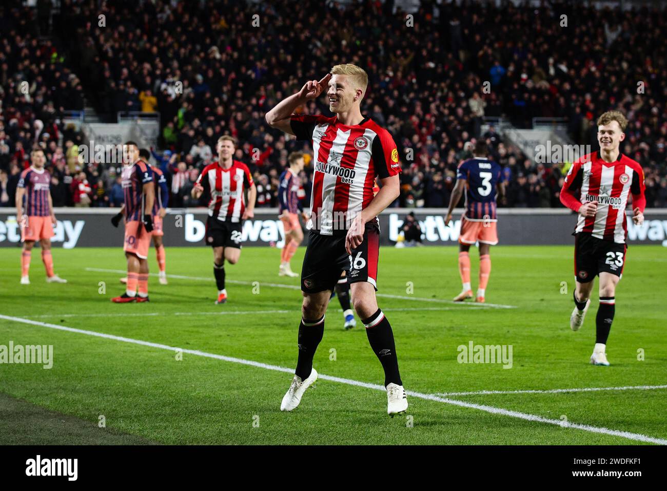 LONDON, UK - 20th Jan 2024: Ben Mee of Brentford celebrates scoring his ...