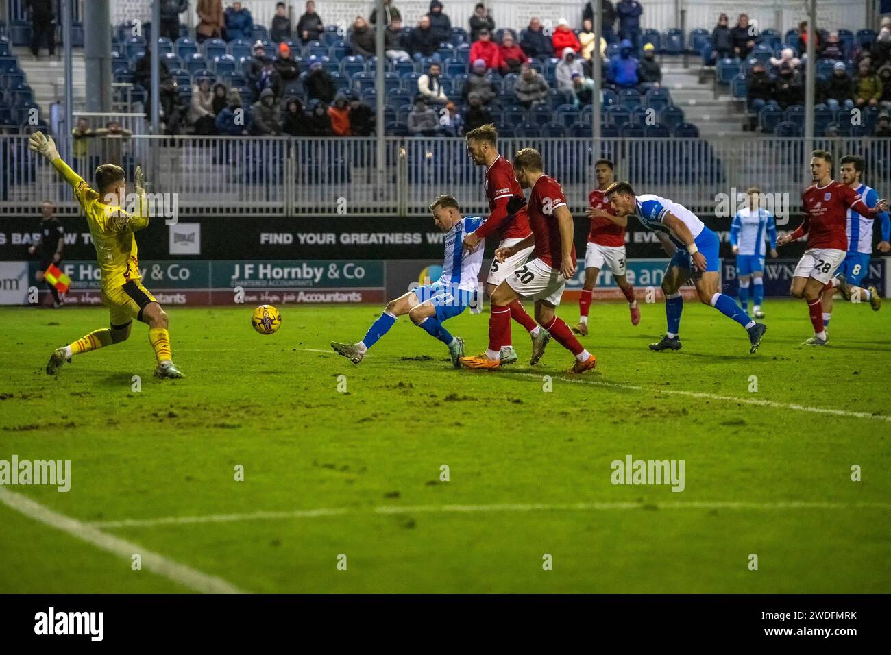 Barrow-in-Furness on Saturday 20th January 2024. Barrow's Elliot Newby ...