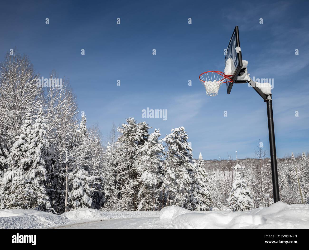 Portable basketball hoop at the end of a driveway surrounded by snow in ...