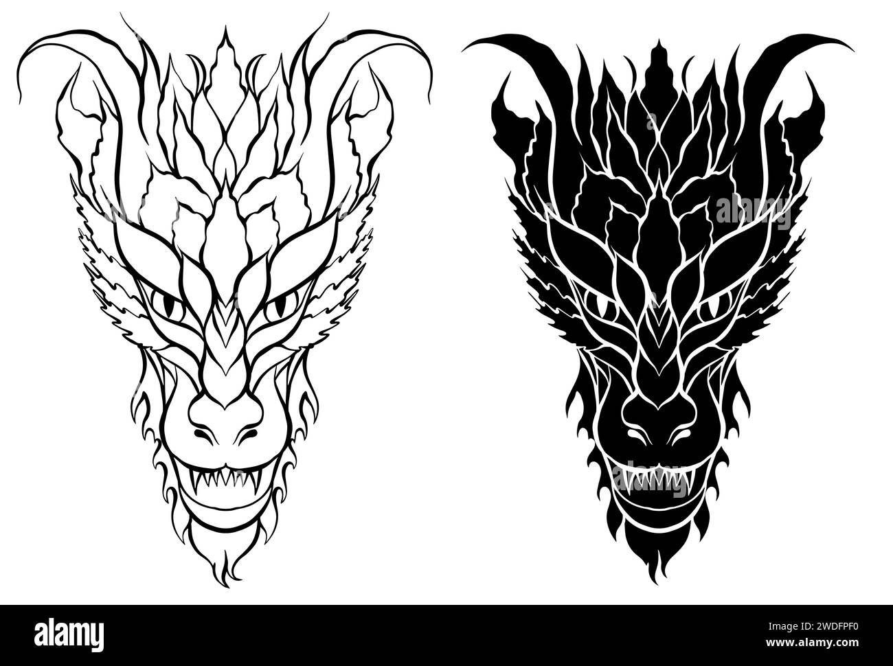 Vector set of outline and black silhouette cliparts of a roaring dragon ...