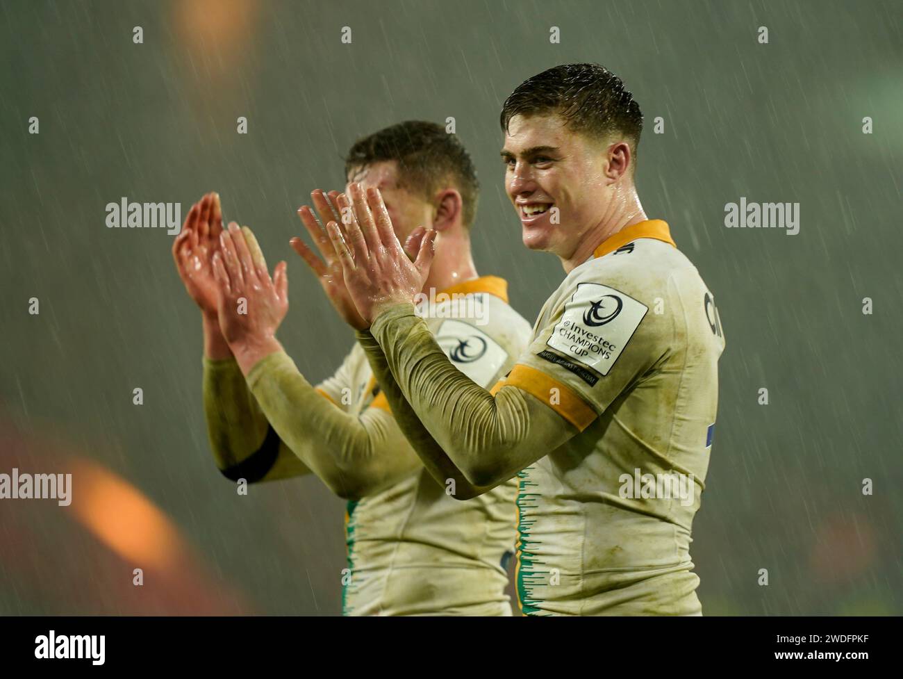 Northampton Saints' Fraser Dingwall (left) and Tommy Freeman celebrate ...