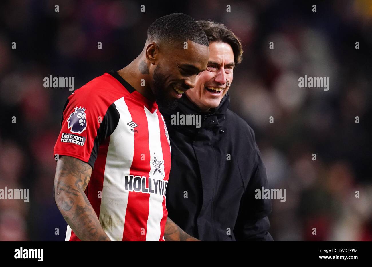Brentford's Ivan Toney and manager Thomas Frank celebrate the win after ...