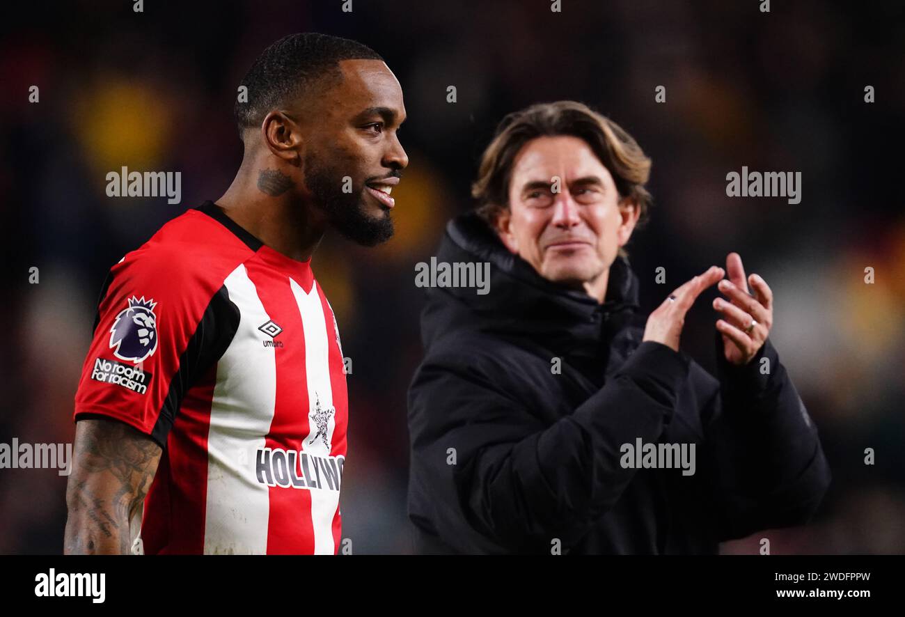 Brentford's Ivan Toney and manager Thomas Frank celebrate the win after ...