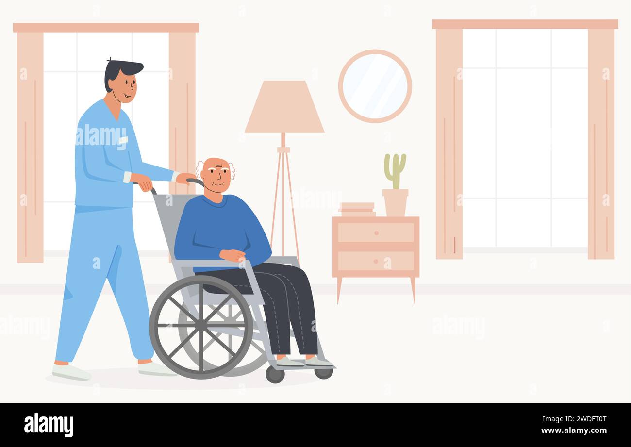Residential care facility. A caretaker with old man on wheelchair. A bedroom in nursing home ...