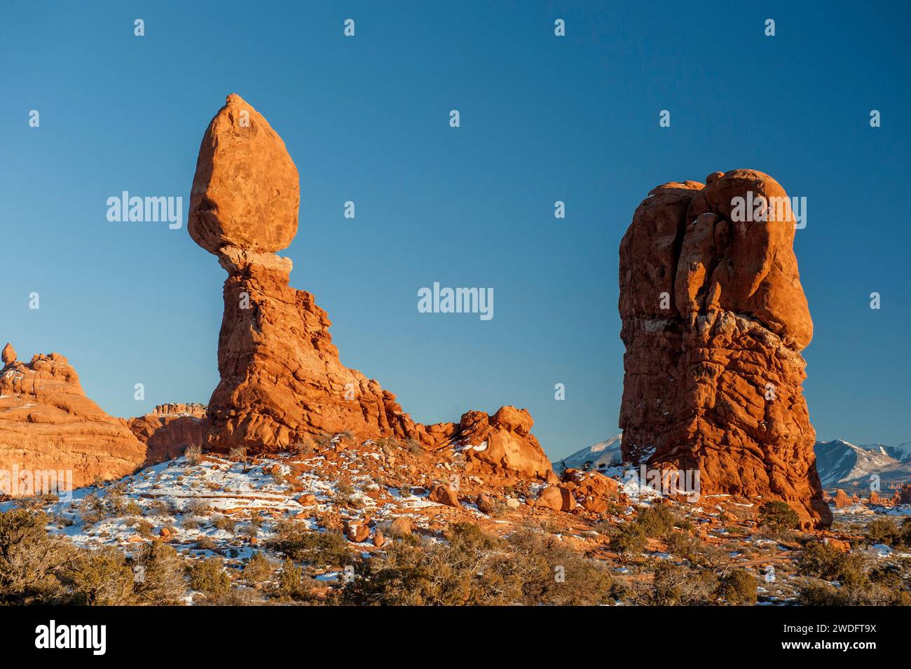 Balanced Rock in Arches National Park, LaSal mountains in background ...