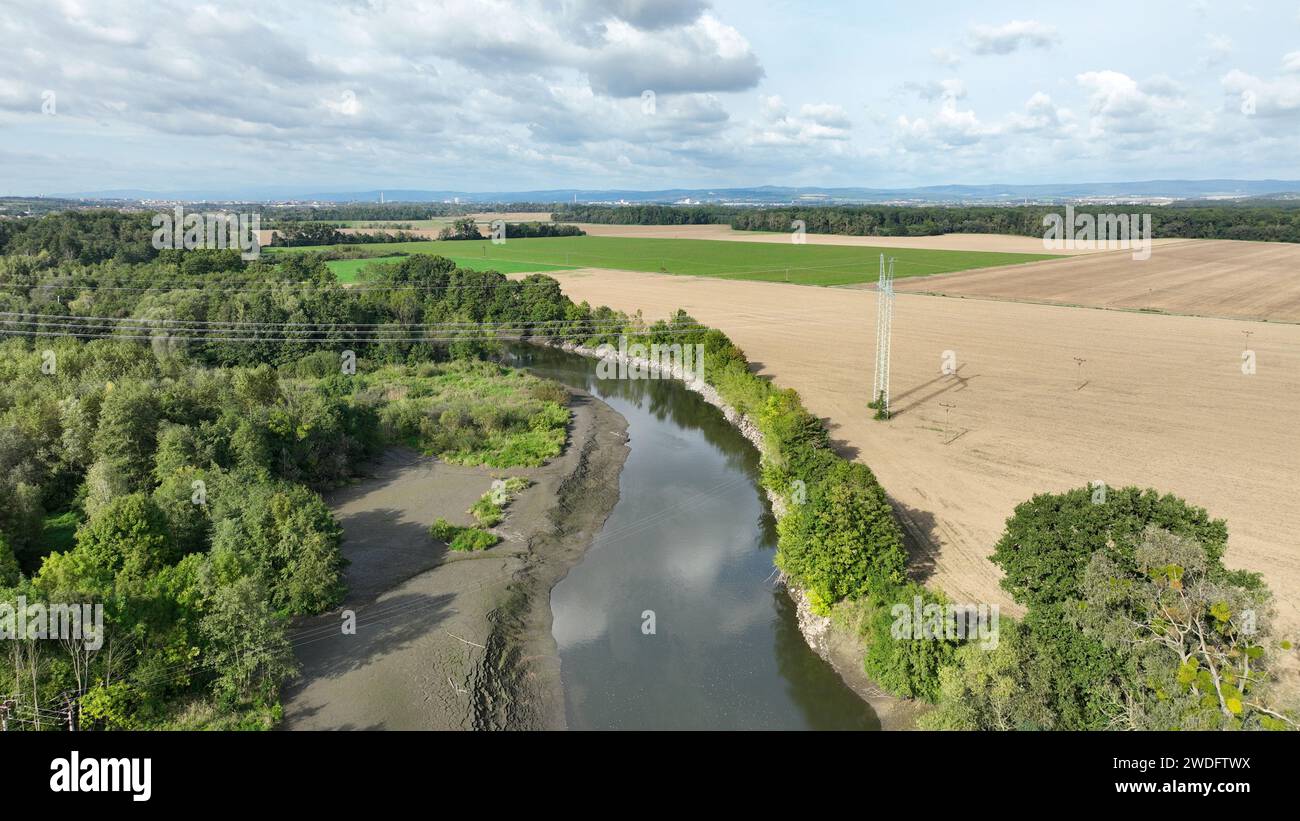 Drought river wetland, swamp Morava drone aerial pond drying up very ...