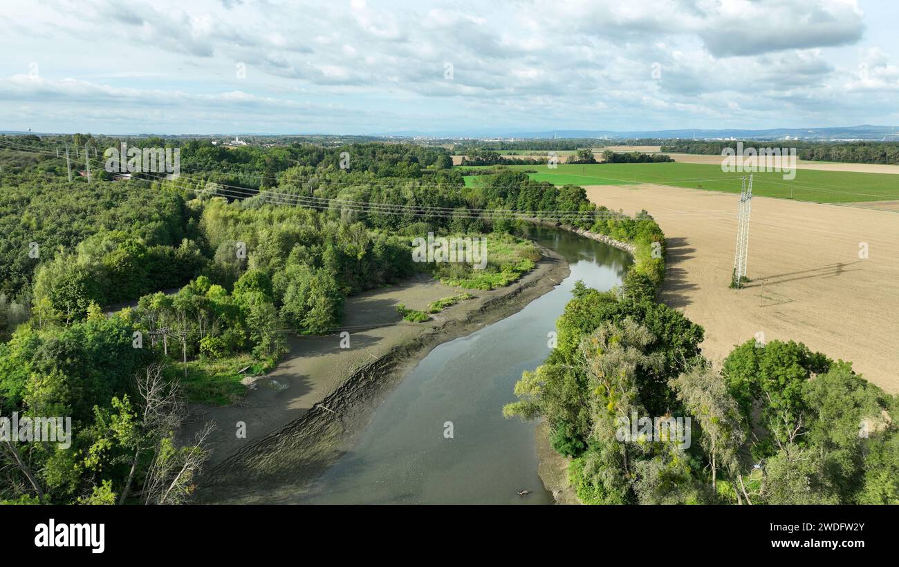 Drought river wetland, swamp Morava drone aerial pond drying up very ...