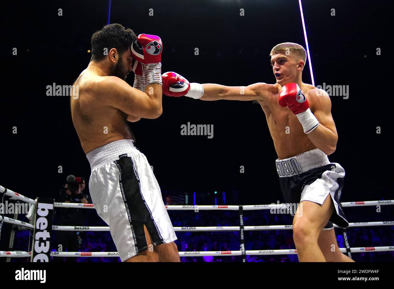 Boxer Ste Clarke (right) in action against Vasif Mamedov in the Super-Middleweight bout at the M ...