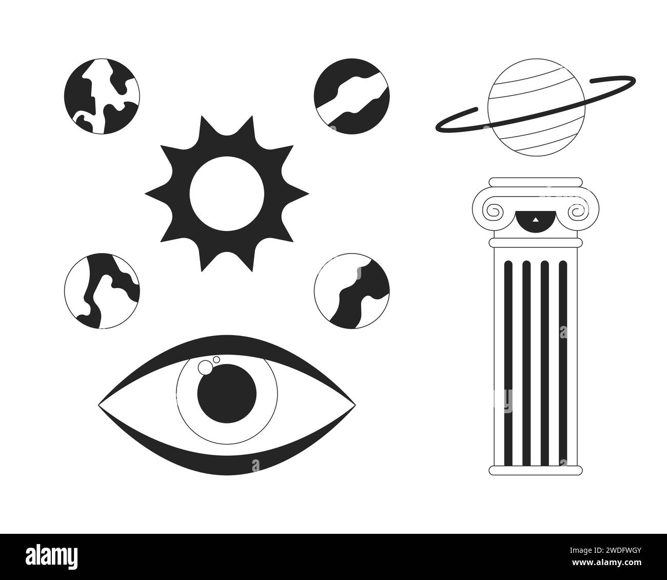 Mysterious cosmos planets black and white 2D line cartoon objects set ...