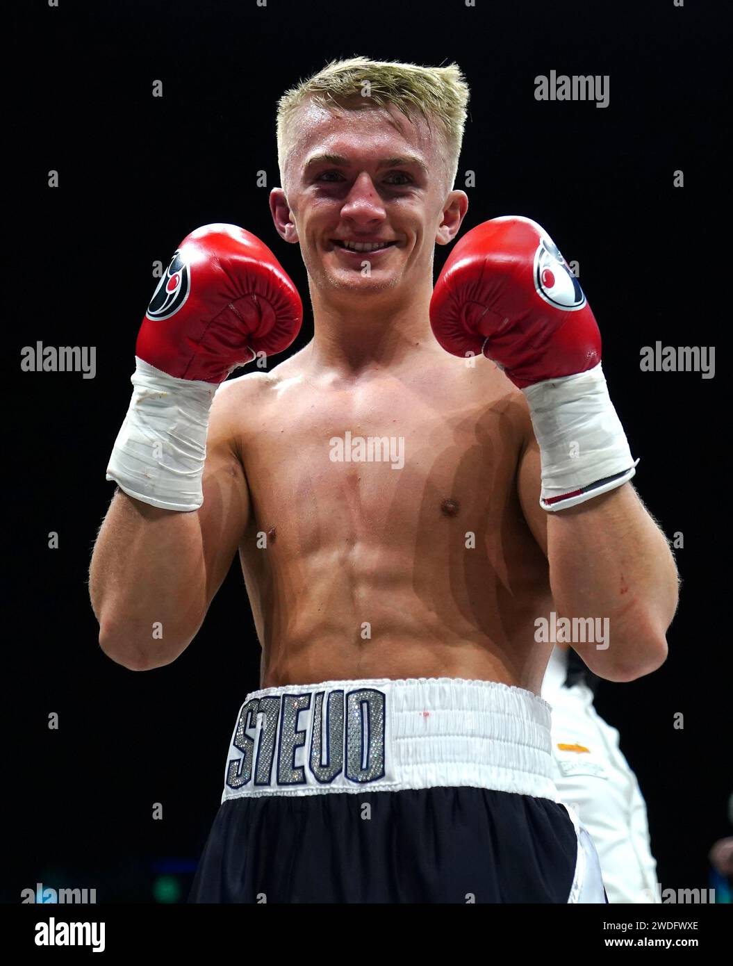 Boxer Ste Clarke celebrates after victory against Vasif Mamedov in the ...
