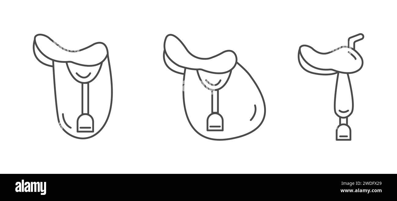 Set of english jumping or dressage saddles flat outline icons. Minimal ...