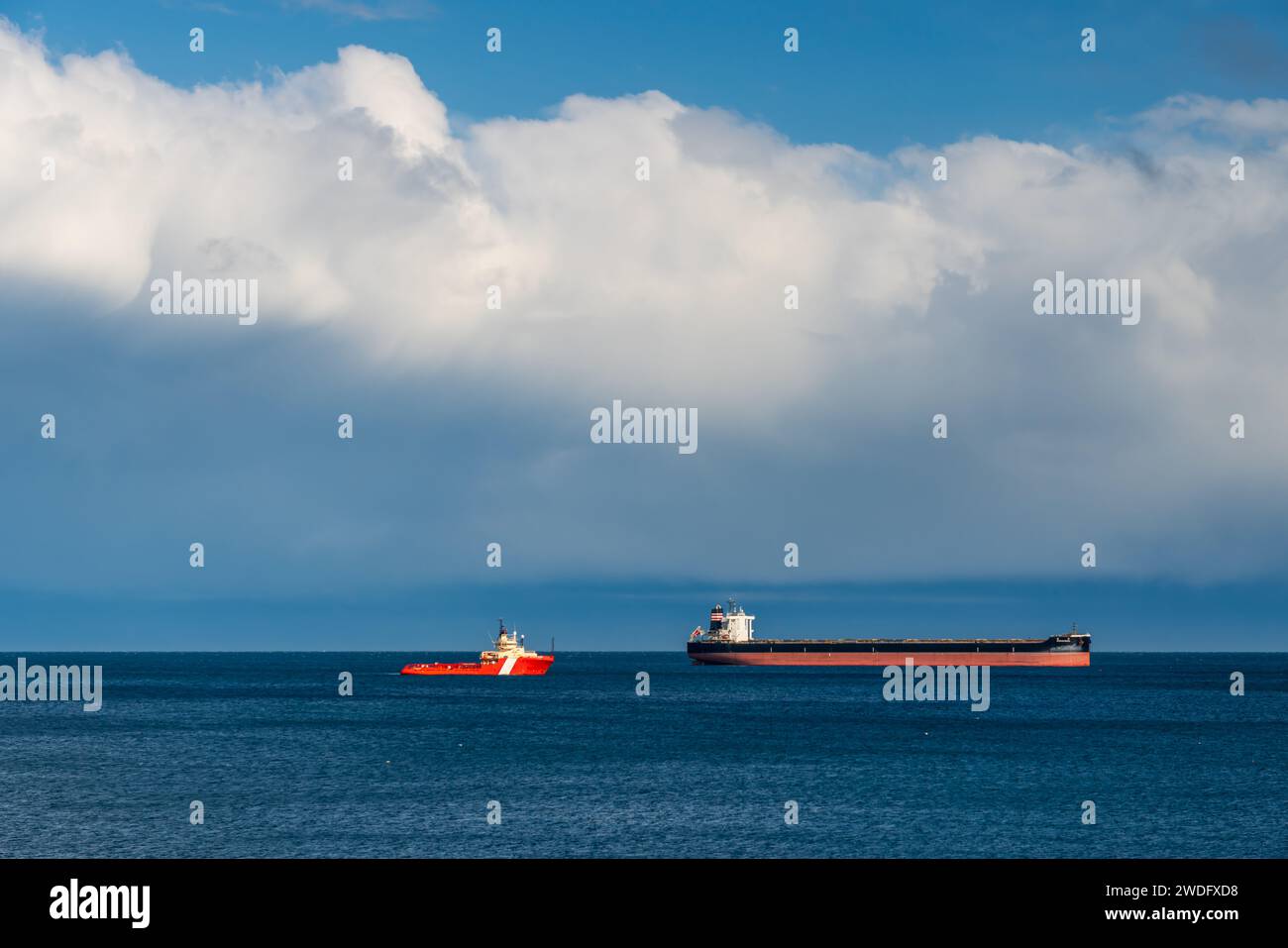 The Straits of Juan de Fuca and ships anchored near the port of ...