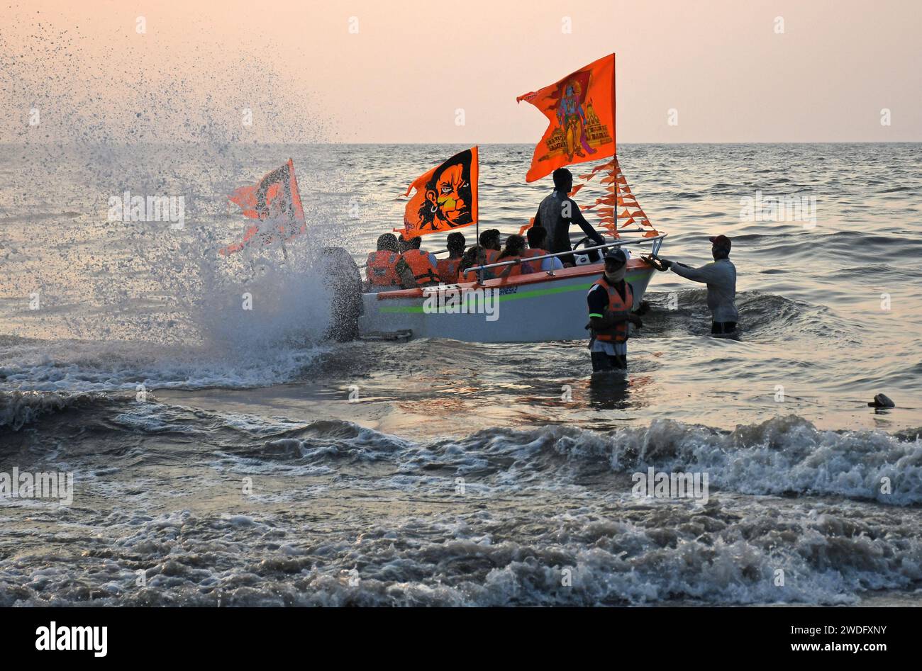 Flags of Hindu deity Lord Ram (right) and his devotee Monkey god Lord ...