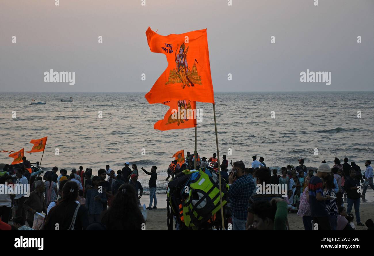 Flags of Hindu deity Lord Ram is hoisted at Juhu beach in Mumbai. The ...