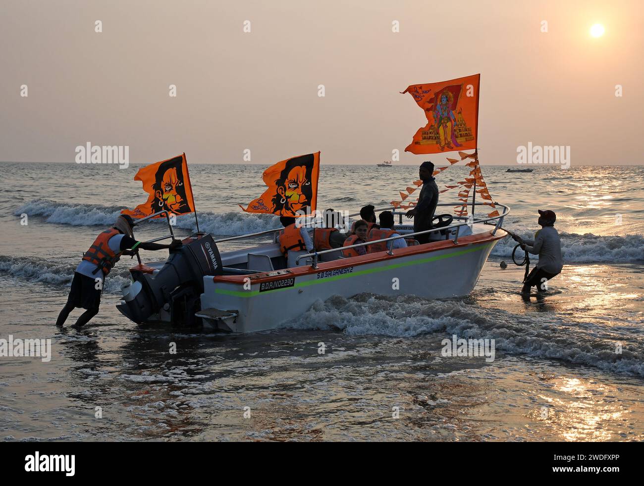 Flags of Hindu deity Lord Ram (right) and his devotee Monkey god Lord ...