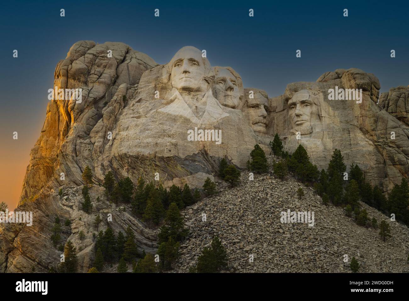 The Mount Rushmore National Memorial at sunset, Keystone, SD, USA Stock ...
