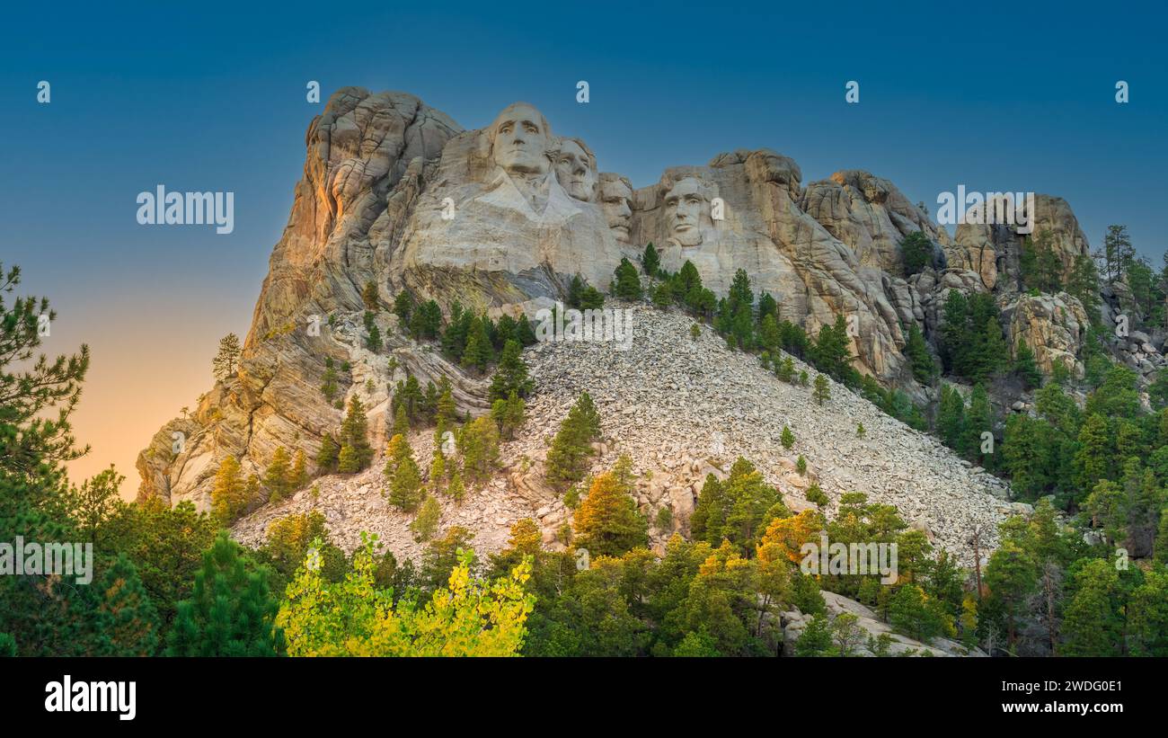 The Mount Rushmore National Memorial at sunset, Keystone, SD, USA Stock ...