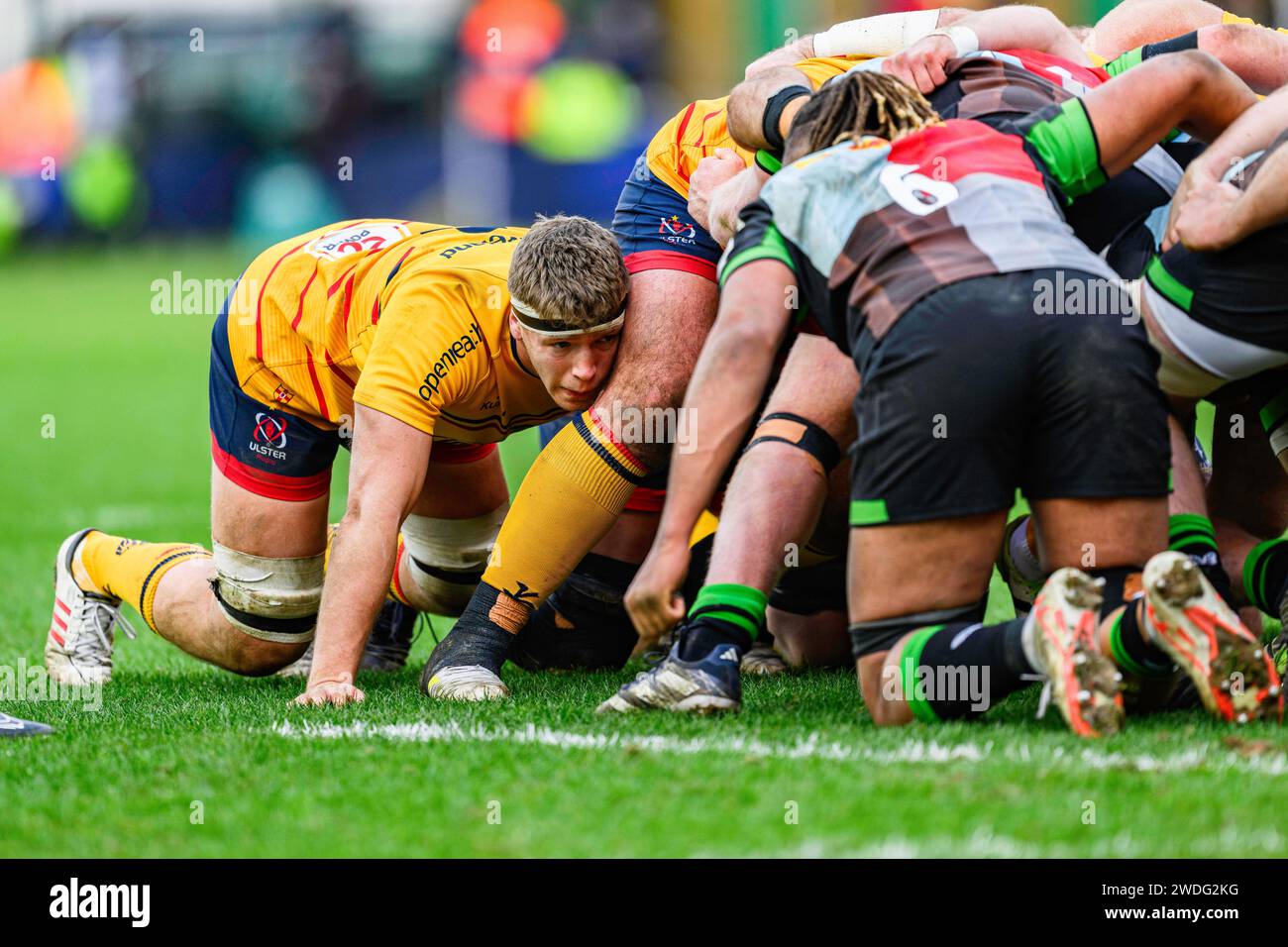 LONDON, UNITED KINGDOM. 20th, Jan 2024. Matty Rea of Ulster Rugby (left ...