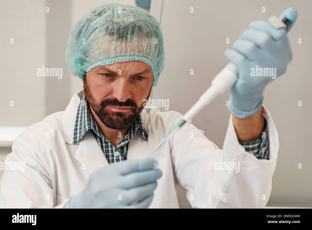Focused scientist is using micropipette for biochemical test analysis ...