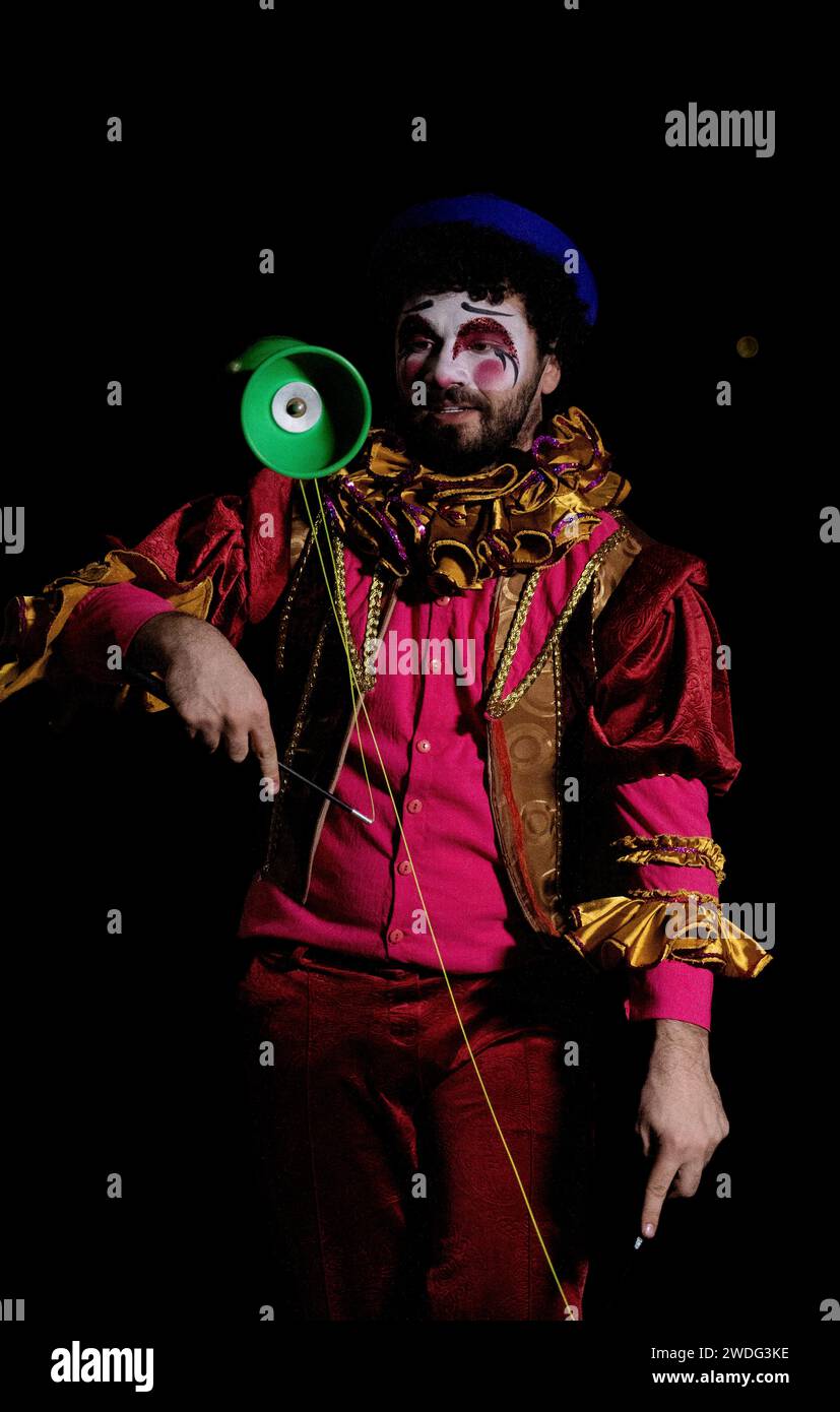 doha,qatar- january 10,2024 : person dressed as clown playing with yo ...
