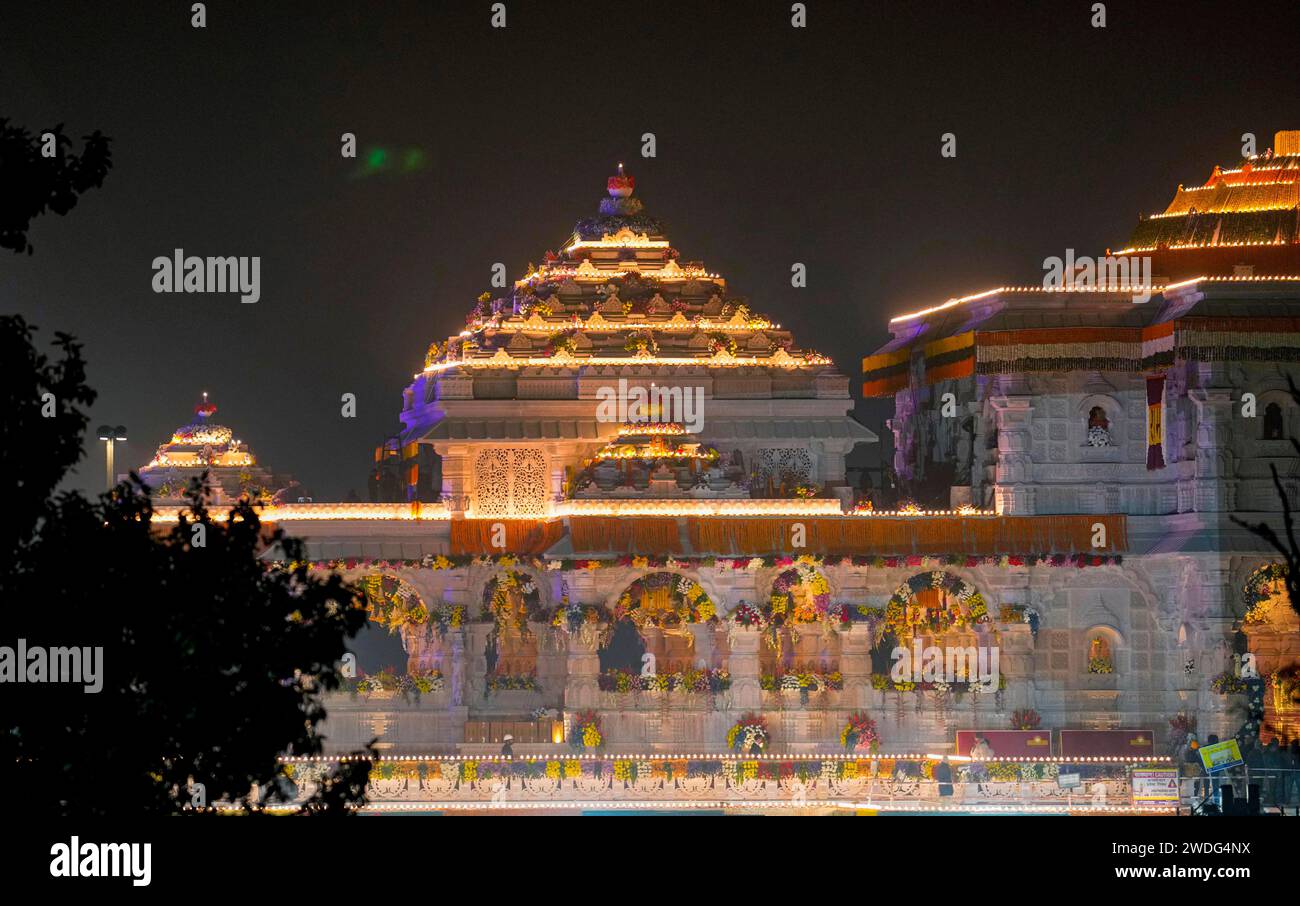 A temple dedicated to Lord Ram is lit up two days before its grand ...