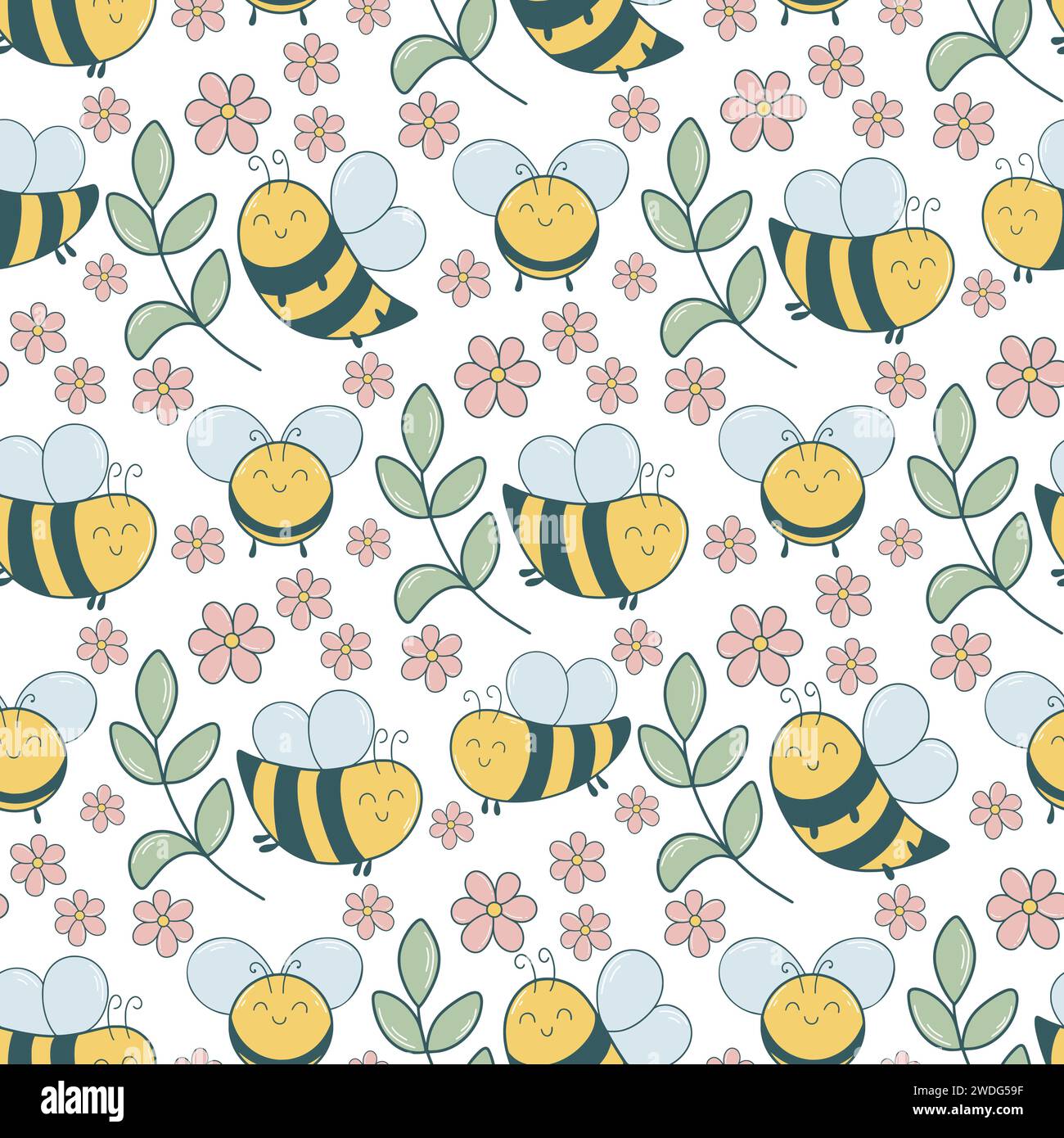 Bees and flowers spring summer seamless pattern. Cute bees on flowering ...