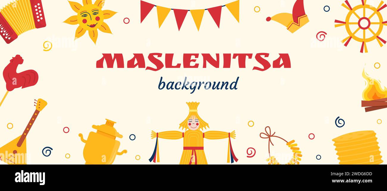 Web Banner for Maslenitsa Pancake week. Doll in ethnic dress with head ...