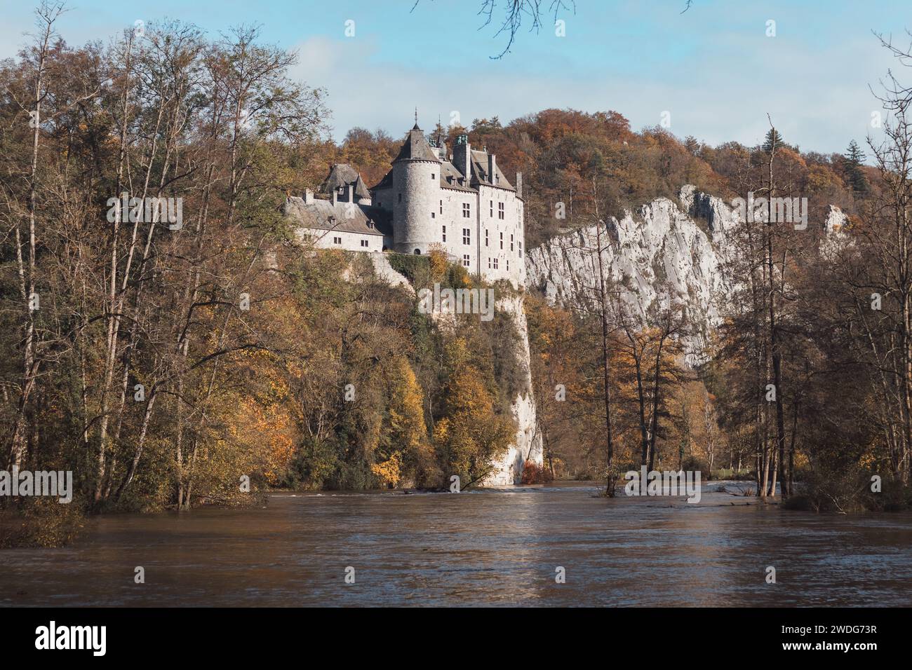Medieval Walzin Castle on the banks of the River Lesse in the Wallonia ...