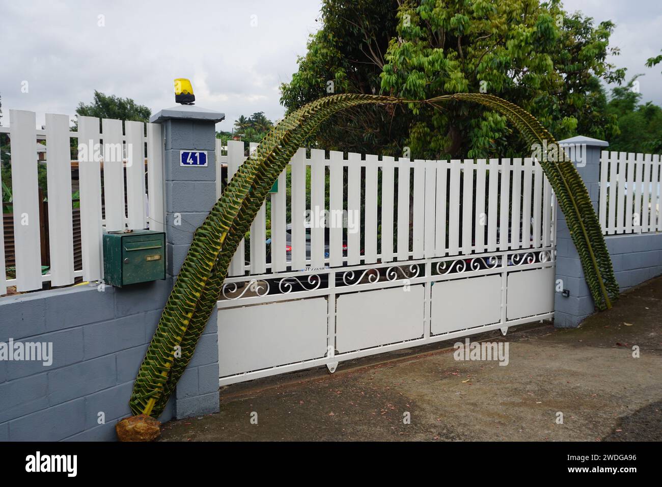 closeup on a white metal fence and gate with a fancy green weaved leaf ...