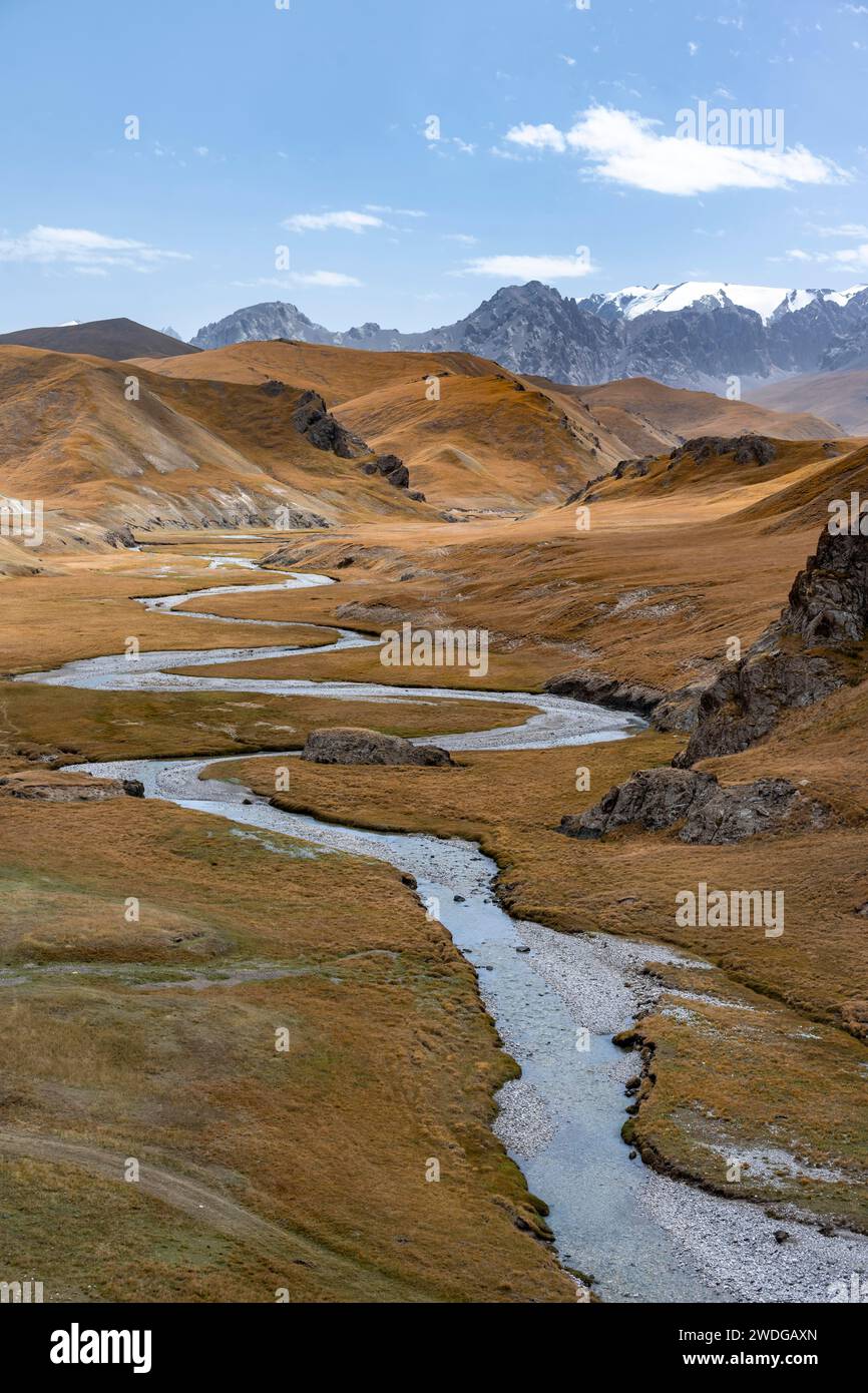 River Kol Suu winds through a mountain valley with hills of yellow ...