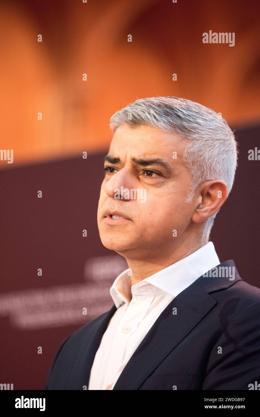 London, UK. 20th Jan, 2024. Sadiq Khan, Mayor of London addresses ...