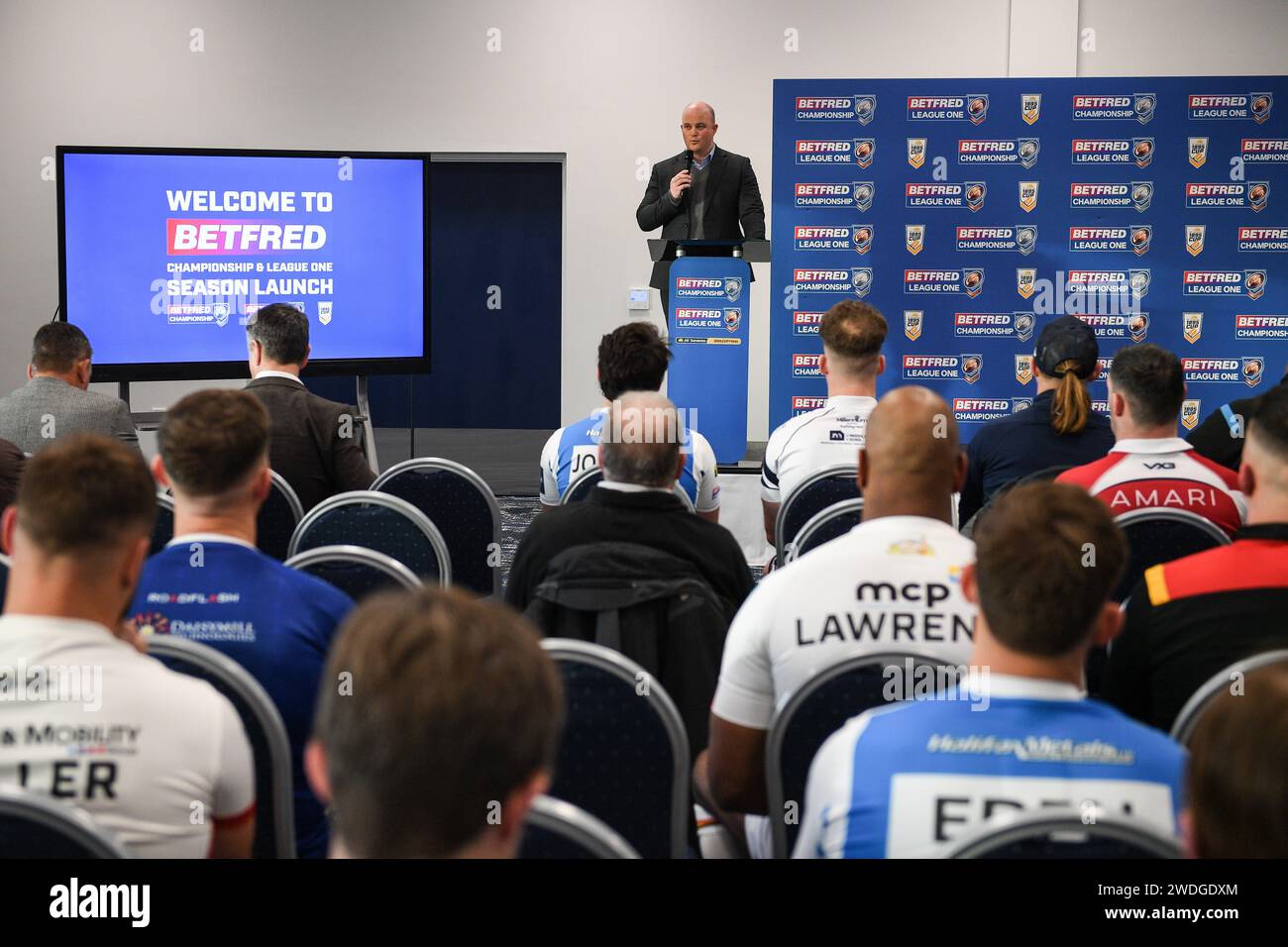 Wakefield, England - 19 January 2024 - RL Commercial Managing Director Rhodri Jones talks to ...