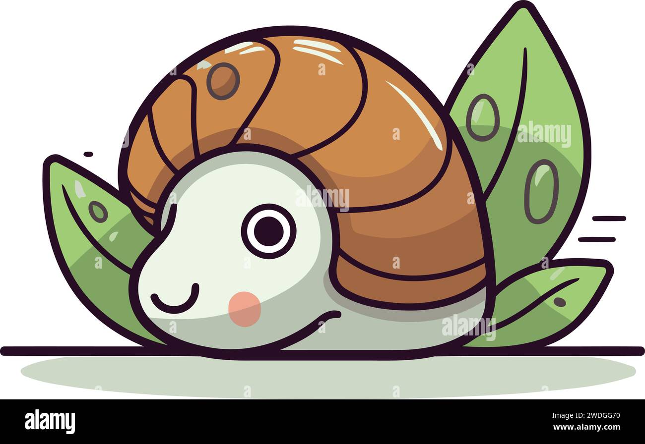Cute cartoon snail with green leaves on white background. Vector ...