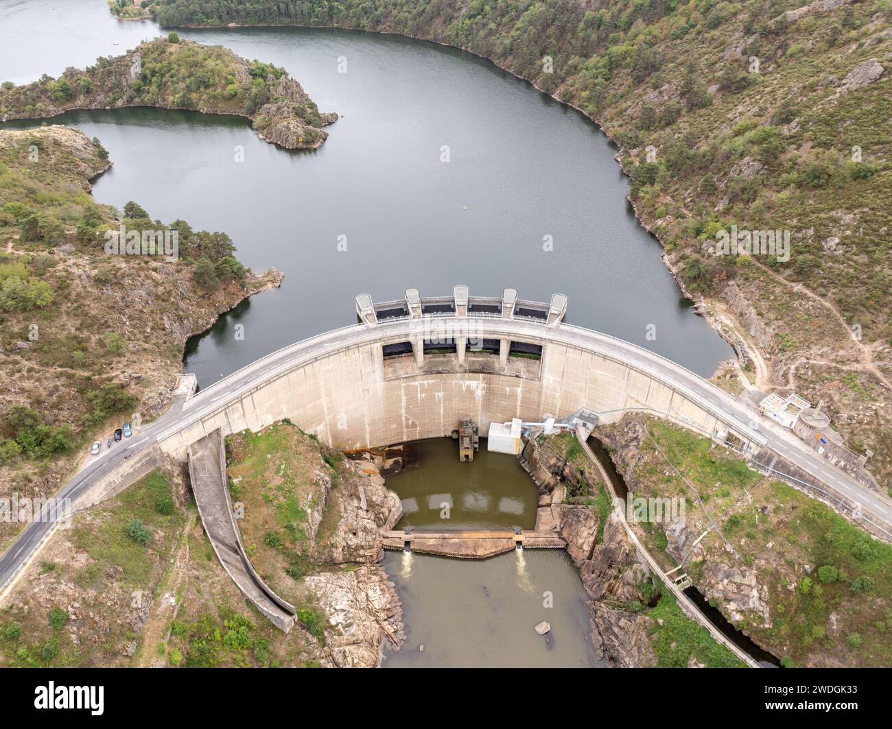 Aerial view of the Grangent hydroelectric dam, in the Loire Gorges ...