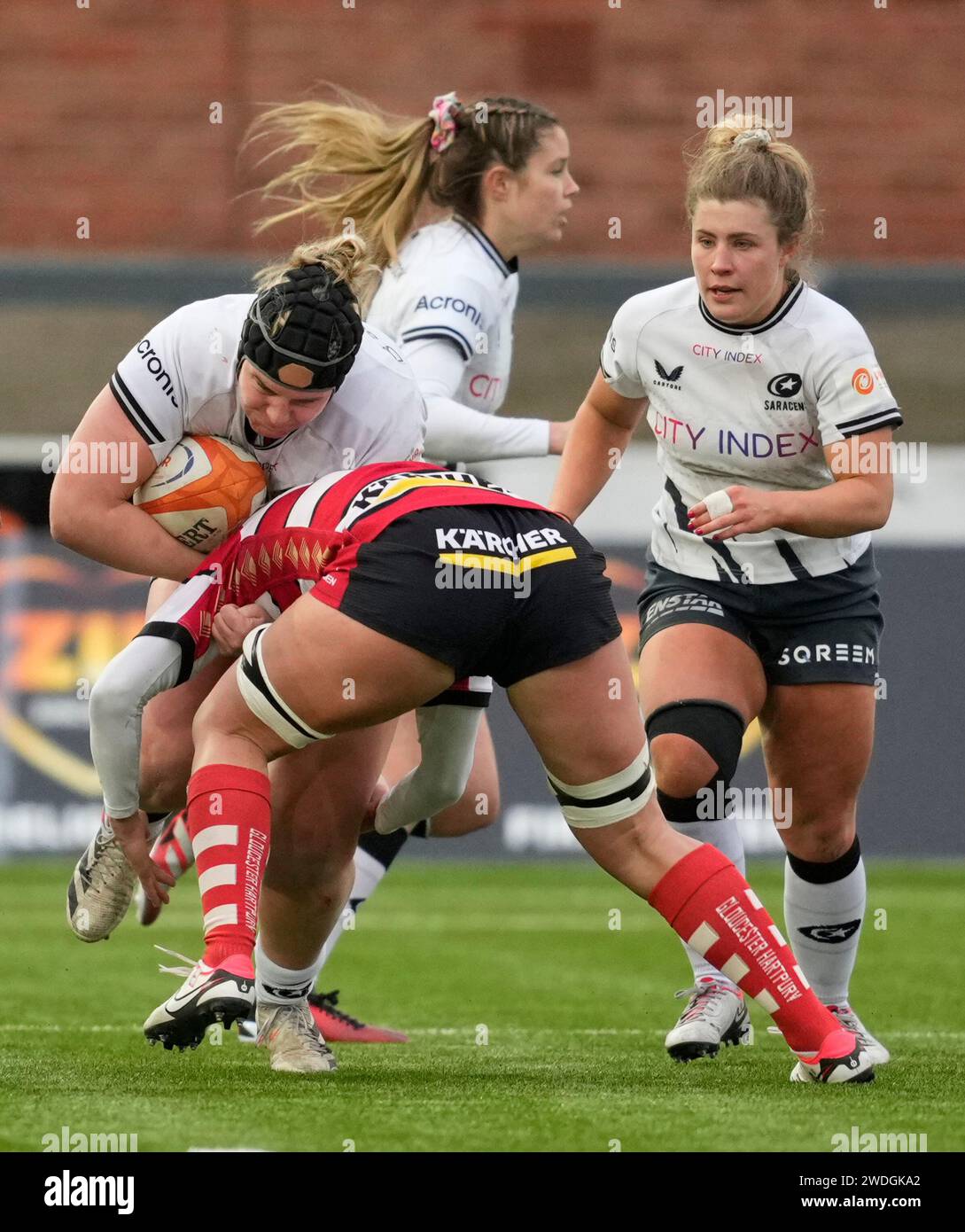 Gloucester,UK, 20 Jan 2024 McKinley Hunt (Saracens) with ball in action ...