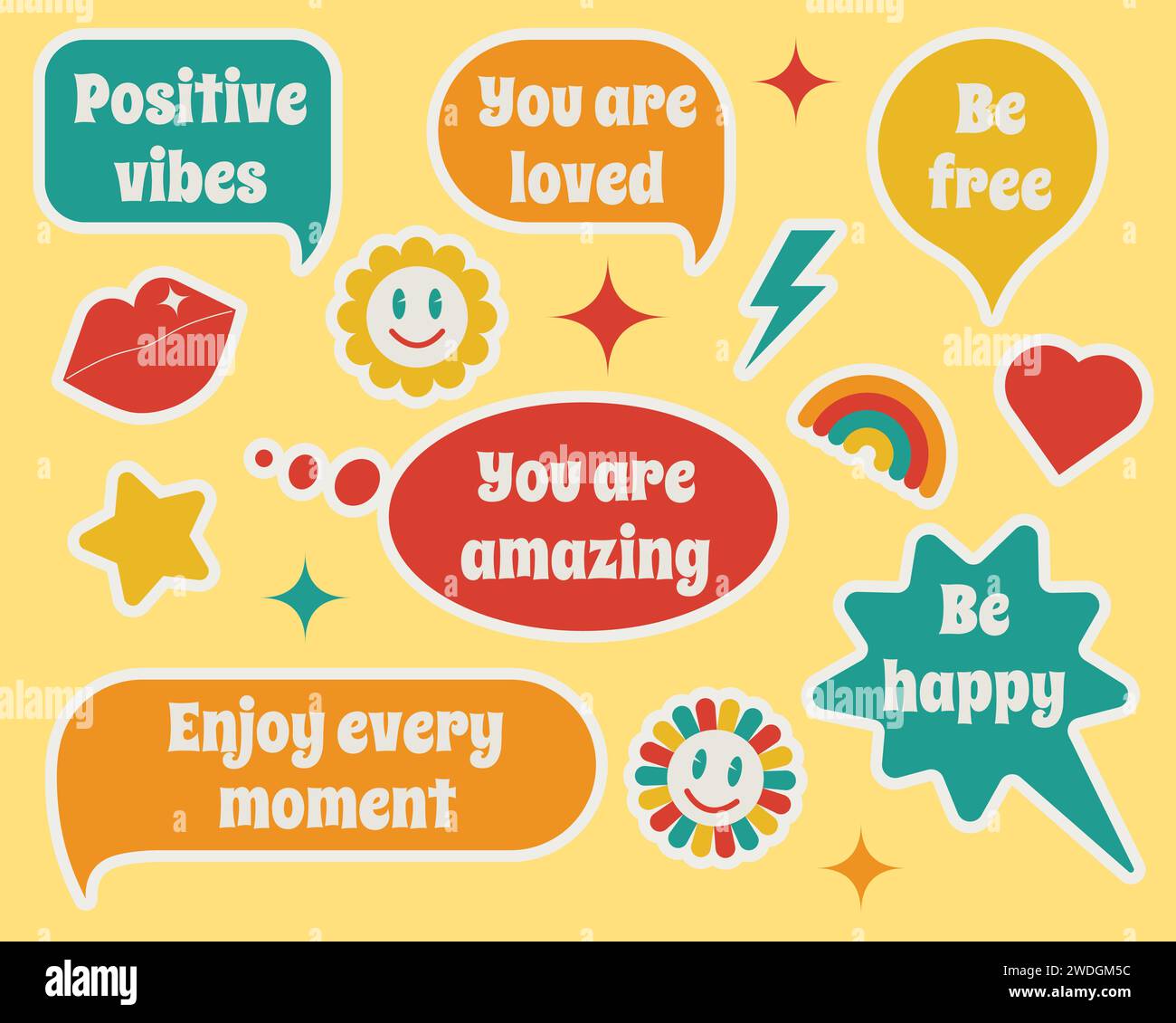 Set of colored speech bubble stickers with motivational quotes. Vector ...