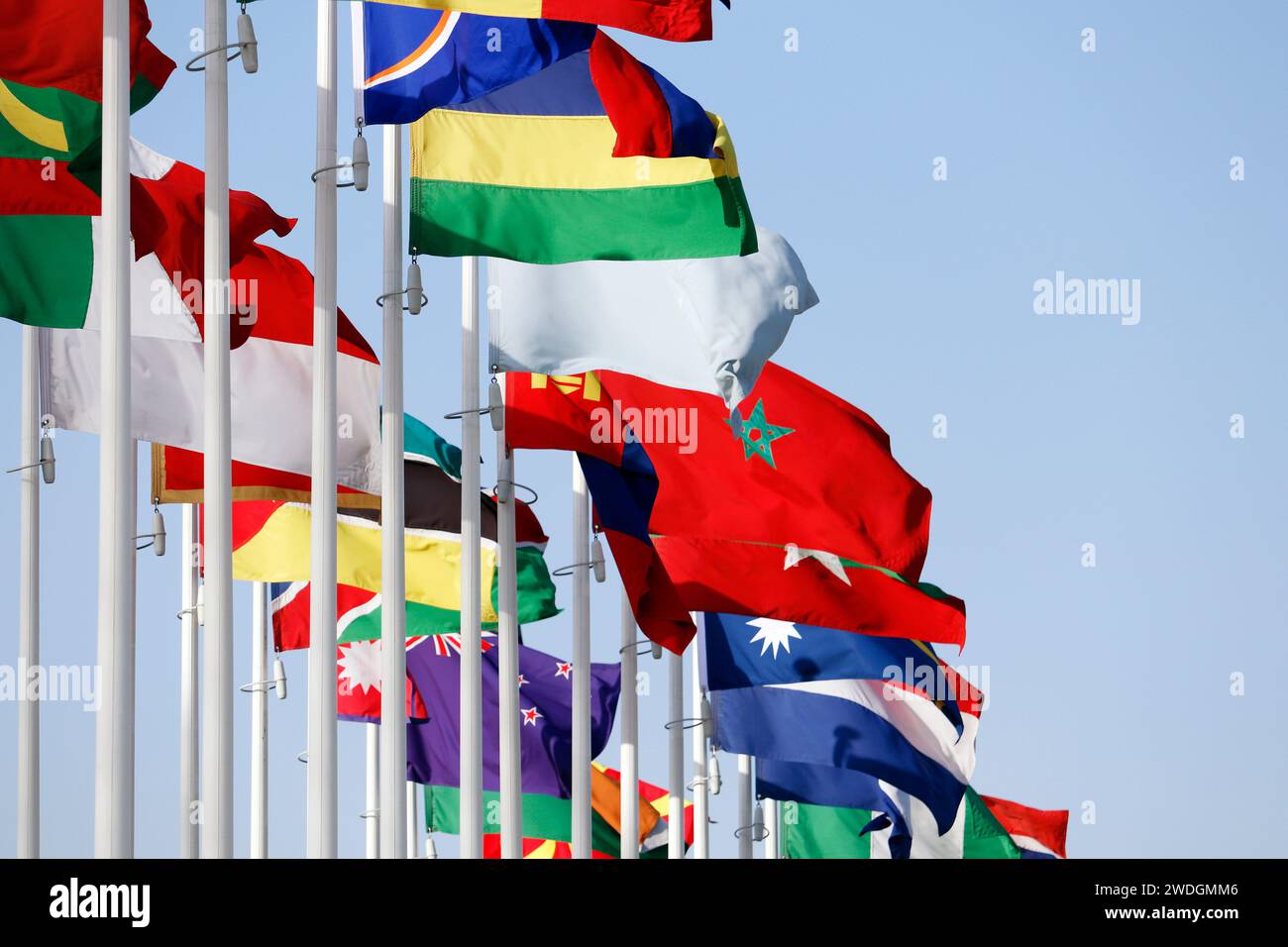 Group of flags of many different nations against blue sky during expo ...
