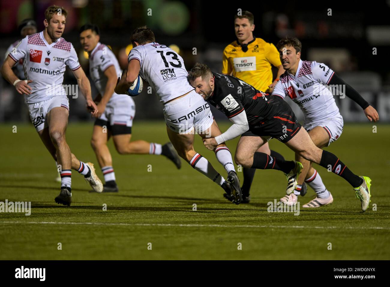 London, England on 20 January 2024. Elliot Daly of Saracens physically ...