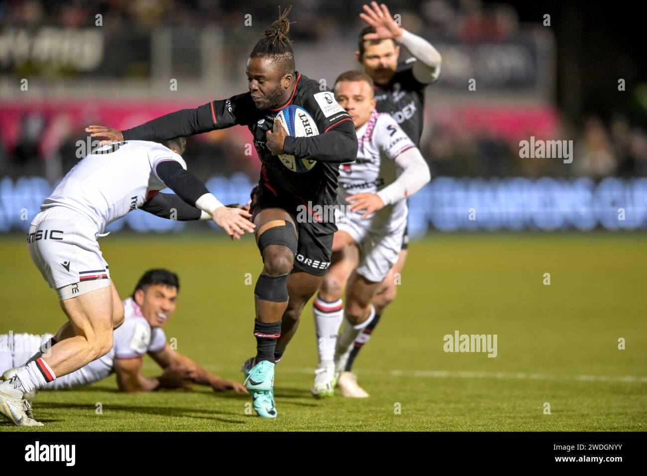 London, England on 20 January 2024. Rotimi Segun of Saracens drives ...
