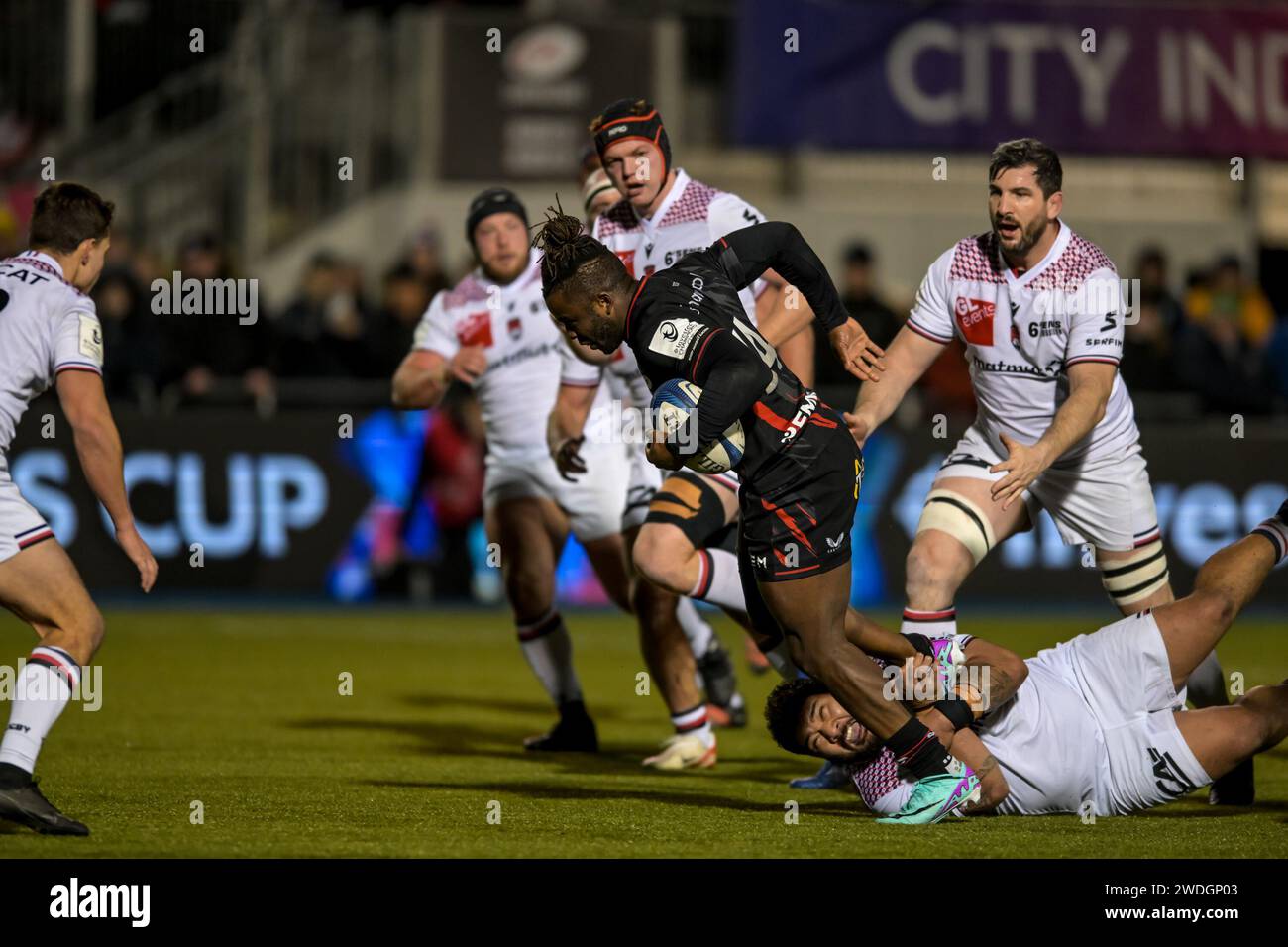 London, England on 20 January 2024. Rotimi Segun of Saracens drives ...