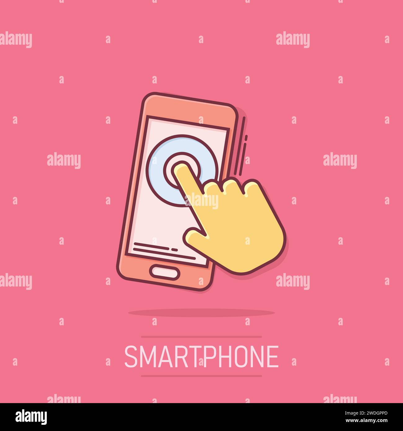 Hand touch smartphone icon in comic style. Phone finger vector cartoon ...