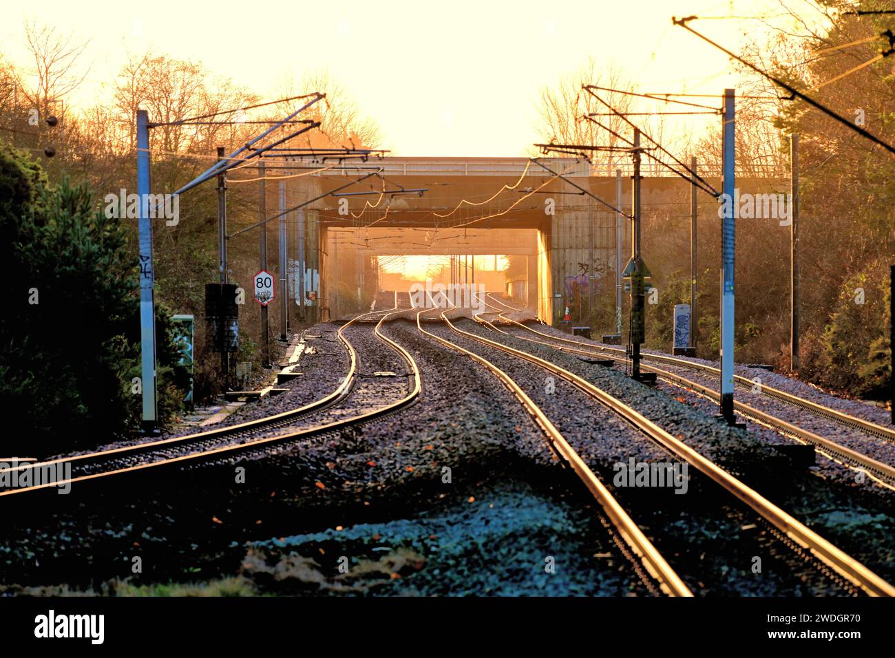 Golden railway lines and sky at sunset on the Tyne and Wear Metro ...