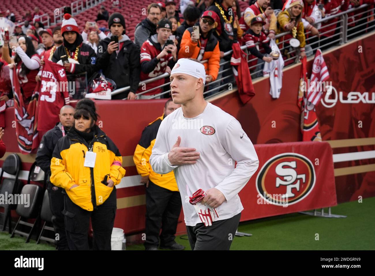 San Francisco 49ers running back Christian McCaffrey enters the field ...