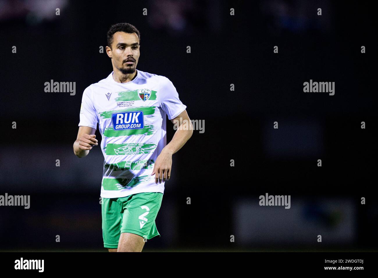 Barry, UK. 20th Jan, 2024. Josh Pask of TNS in action. The New Saints v ...