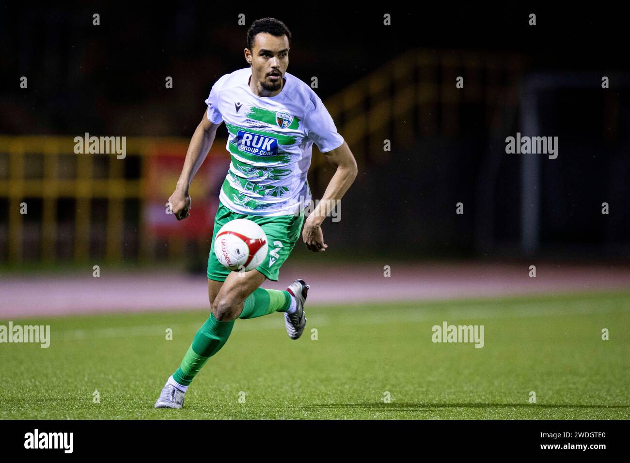 Barry, UK. 20th Jan, 2024. Josh Pask of TNS in action. The New Saints v ...