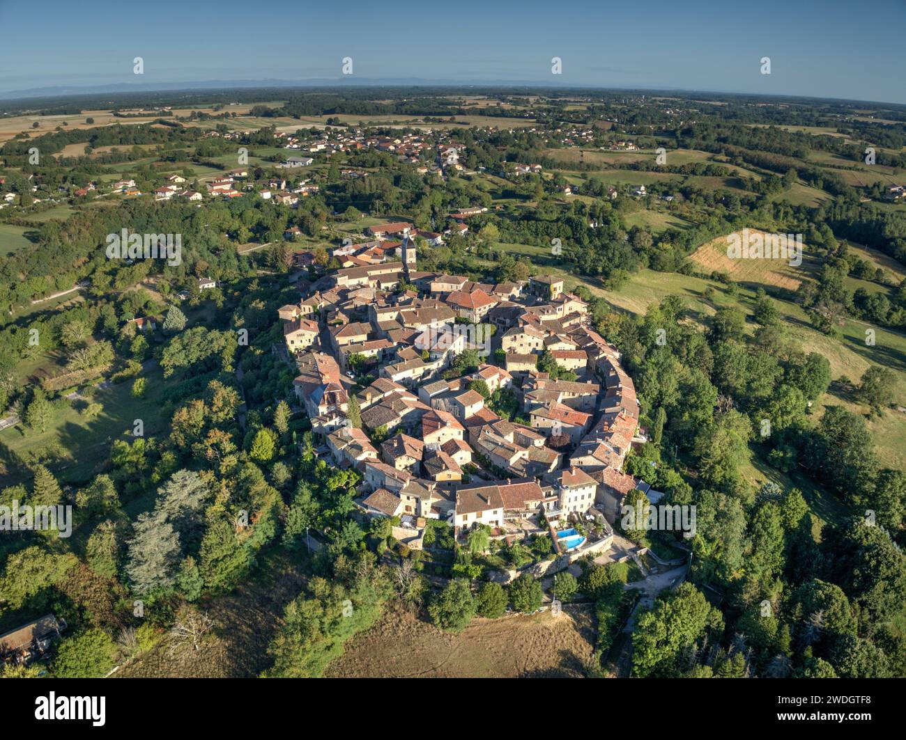 Aerial View of the many buildings of the medieval city of Perouges ...