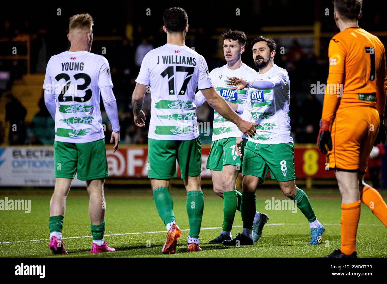Barry, UK. 20th Jan, 2024. Brad Young of TNS celebrates scoring his ...