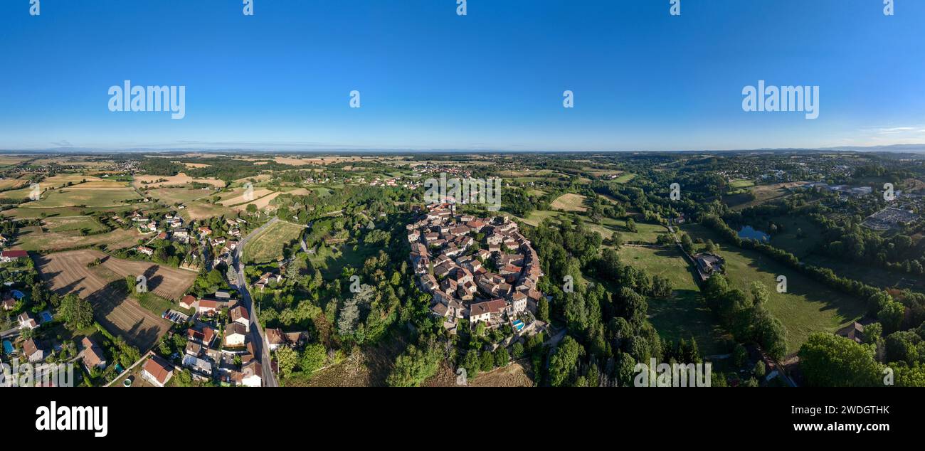 Aerial View of the many buildings of the medieval city of Perouges ...