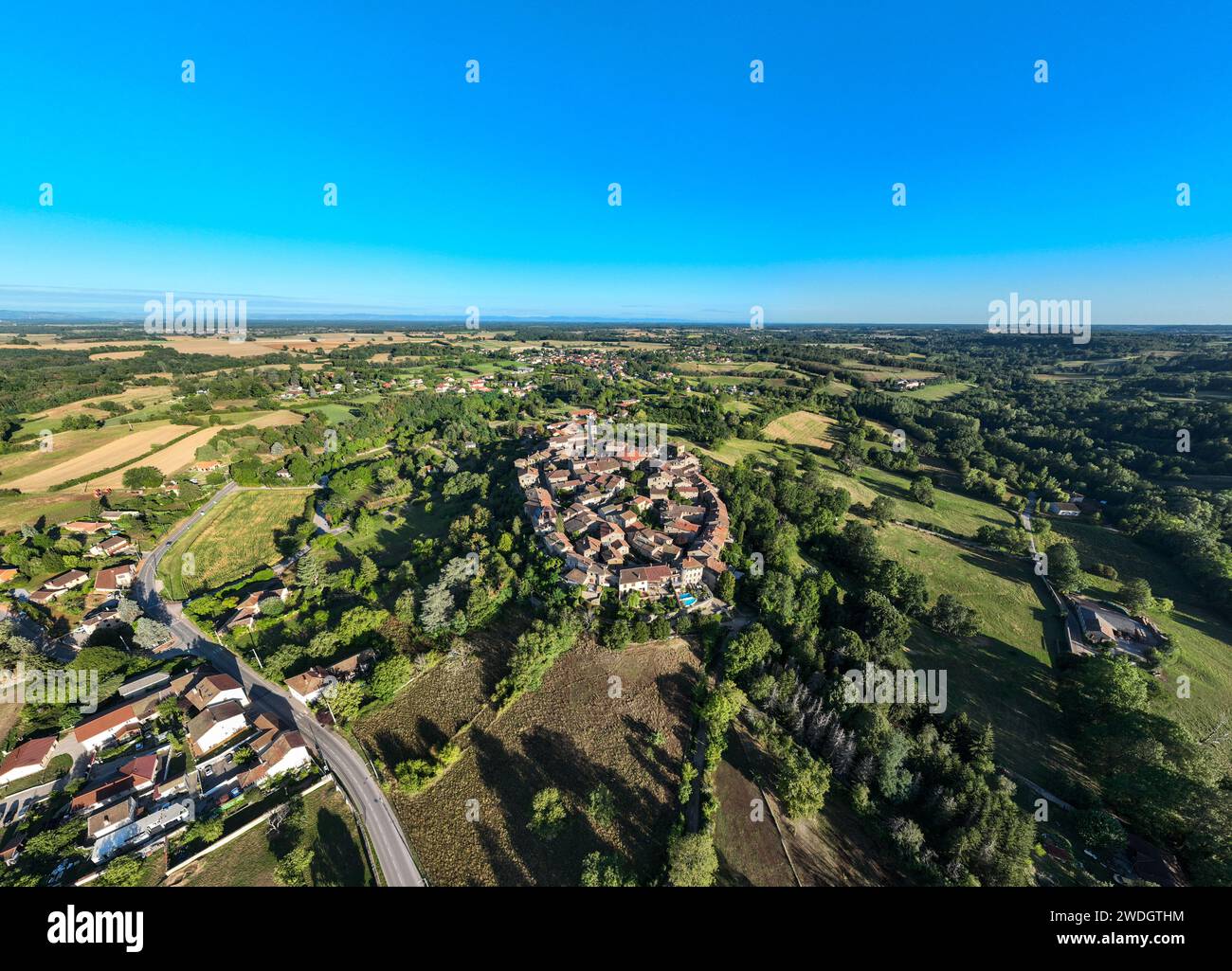 Aerial View of the many buildings of the medieval city of Perouges ...